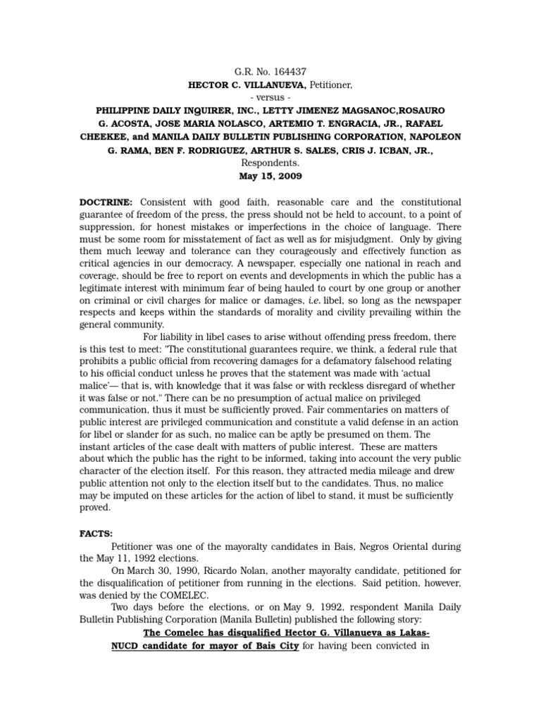 Article 3, Section 4 - E, Villanueva vs. PDI | PDF | Defamation | Government