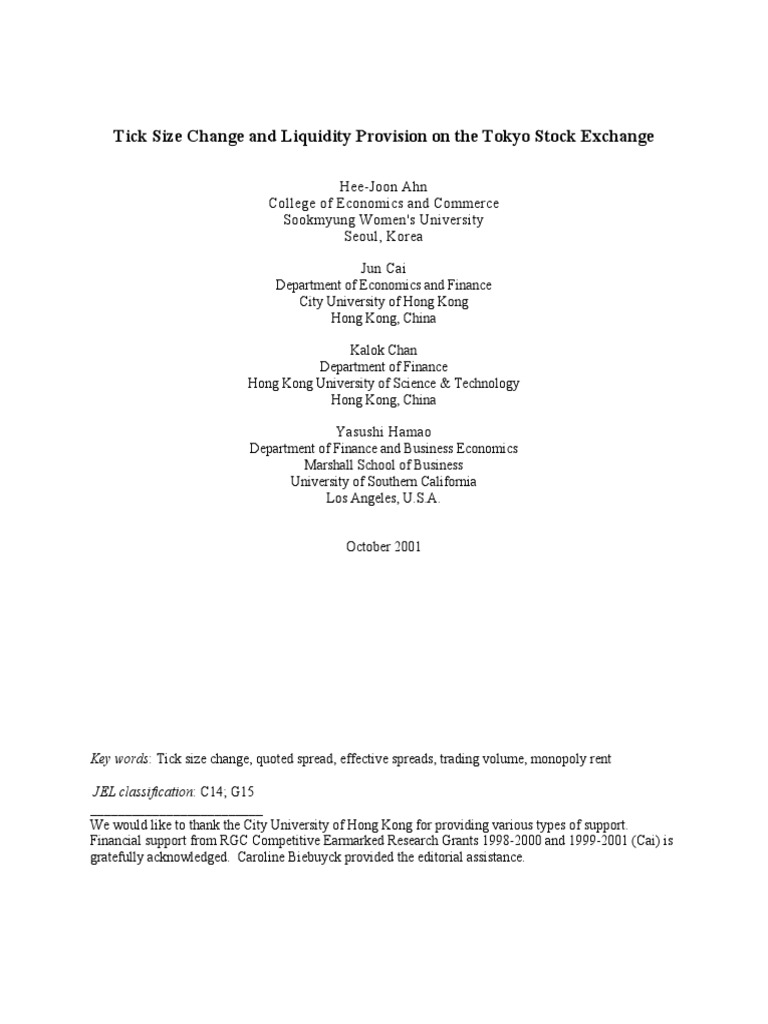 Tick Size Change and Liquidity Provision On The Tokyo Stock Exchange ...