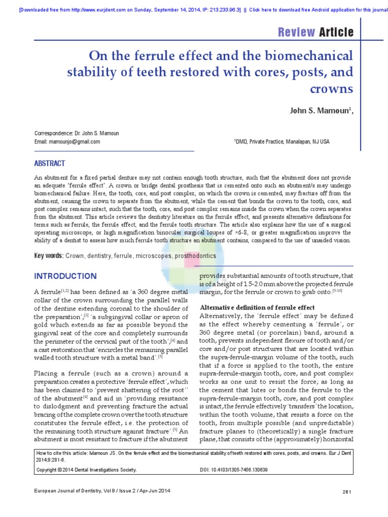 On The Ferrule Effect and The Biomechanical Stability of Teeth Restored ...