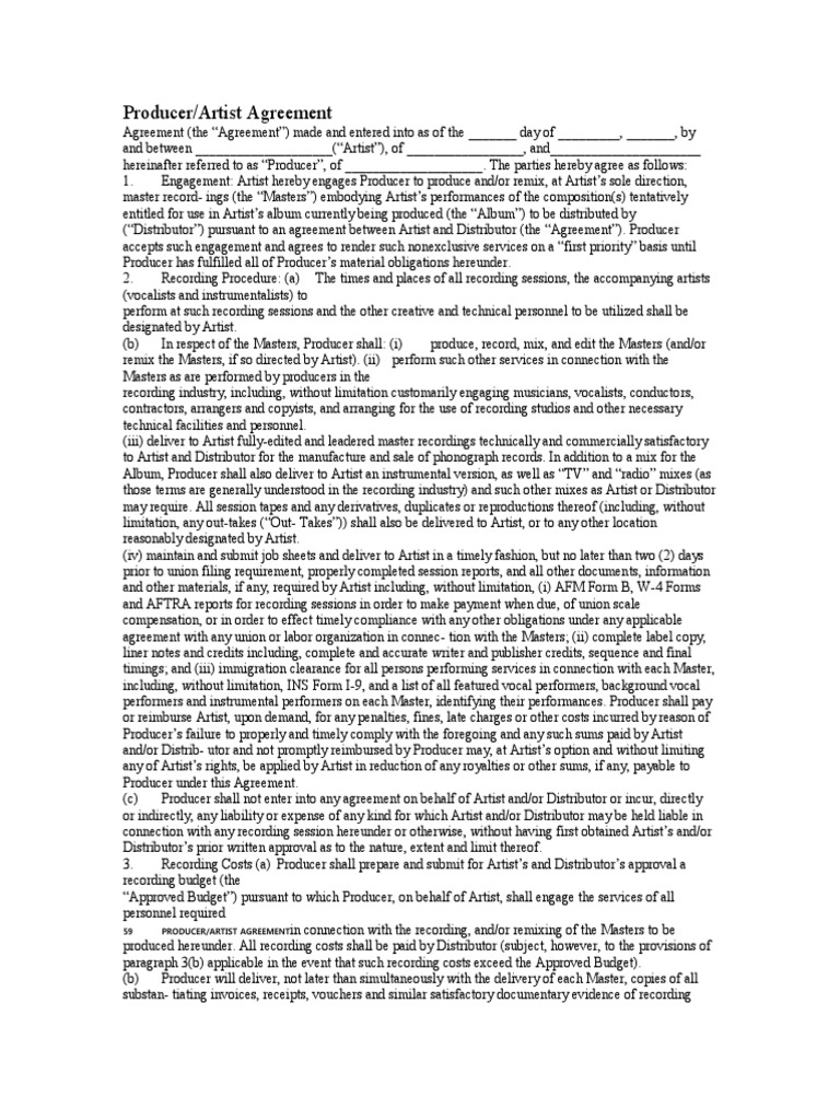 Producer Artist Contract Sample | PDF | Royalty Payment | License