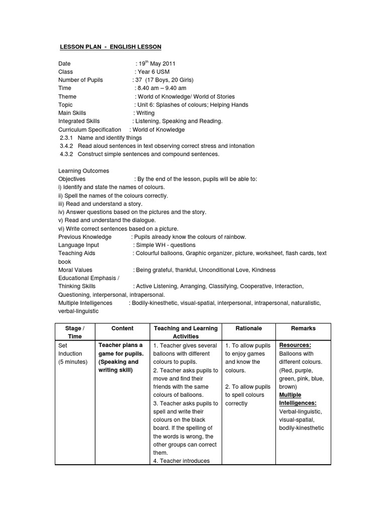 Stage / Time Content Teaching and Learning Activities Rationale Remarks | PDF | Blue | Lesson Plan