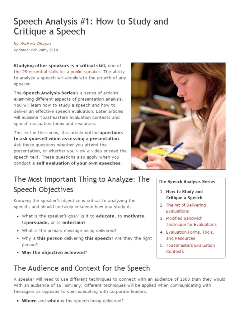 Speech Analysis: Study & Critique Guide | PDF | Public Speaking | Body ...