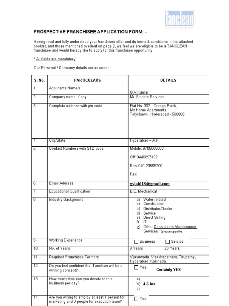 1 Prospective Franchisee Application Form 09-10 | PDF | Franchising ...