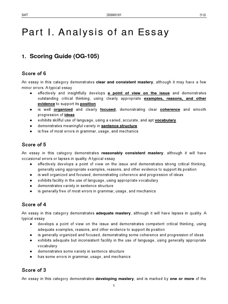 Part I. Analysis of An Essay: Scoring Guide (OG-105) | Download Free ...