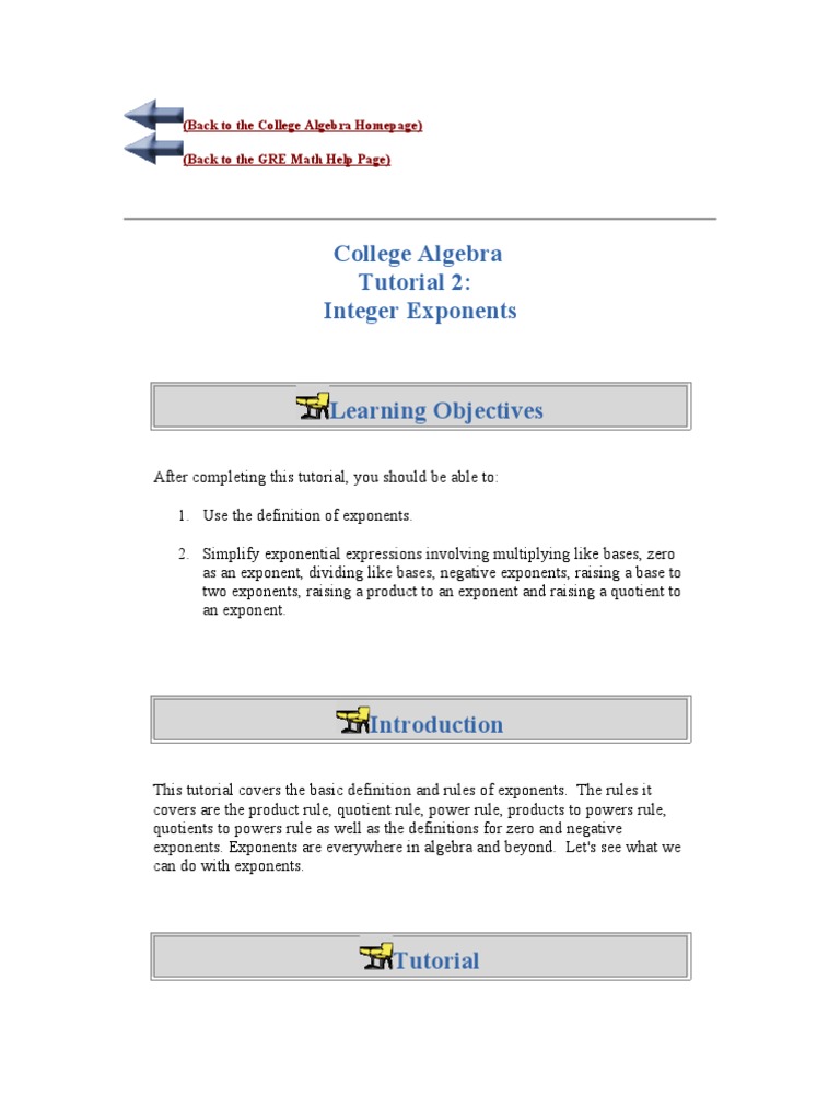 College Algebra Tutorial 2: Integer Exponents: (Back To The College ...
