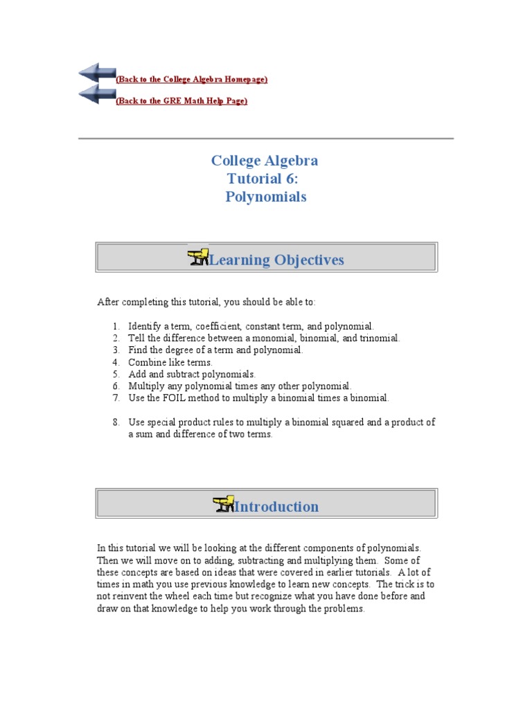 College Algebra Tutorial 6: Polynomials: (Back To The College Algebra ...