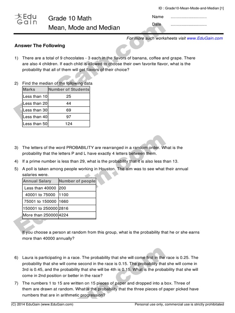 Grade 10 Mean Mode and Median | PDF | Mean | Sequence