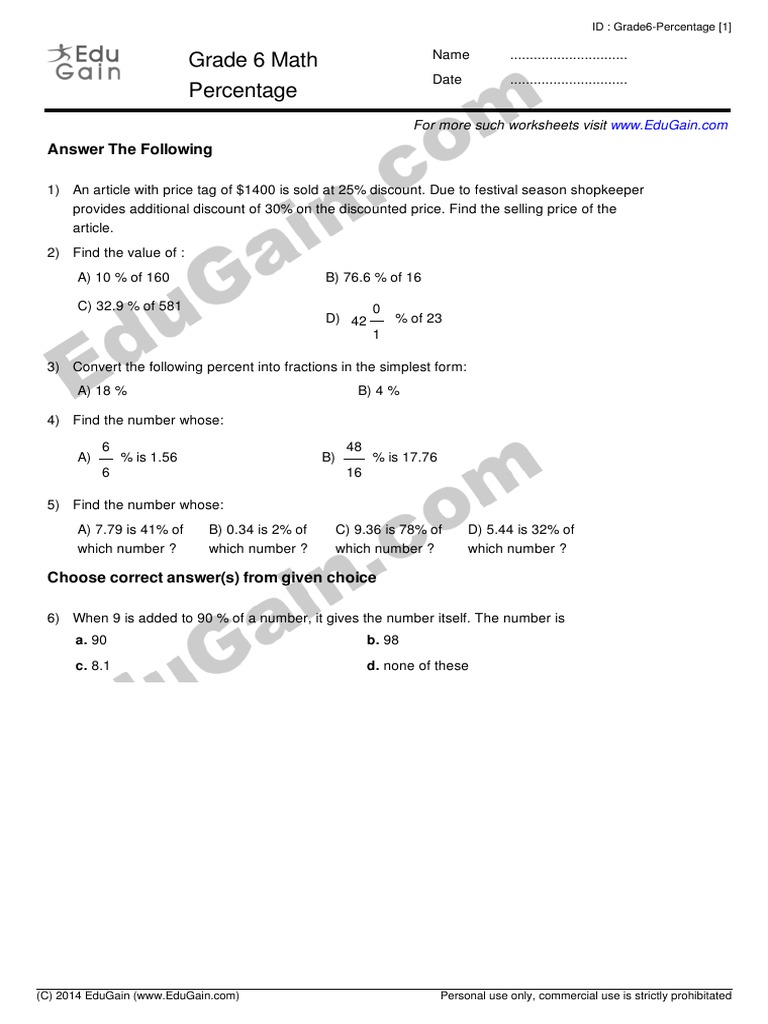 Grade 6 Percentage | PDF