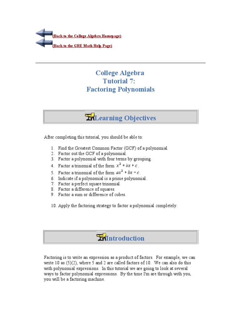 College Algebra Tutorial 7: Factoring Polynomials | PDF | Factorization ...