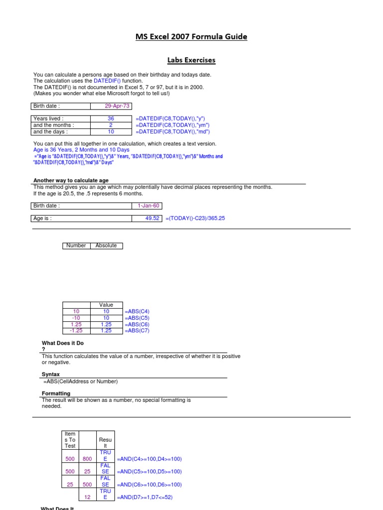 MS Excel 2007 Formula Guide | PDF | Kilogram | Gallon