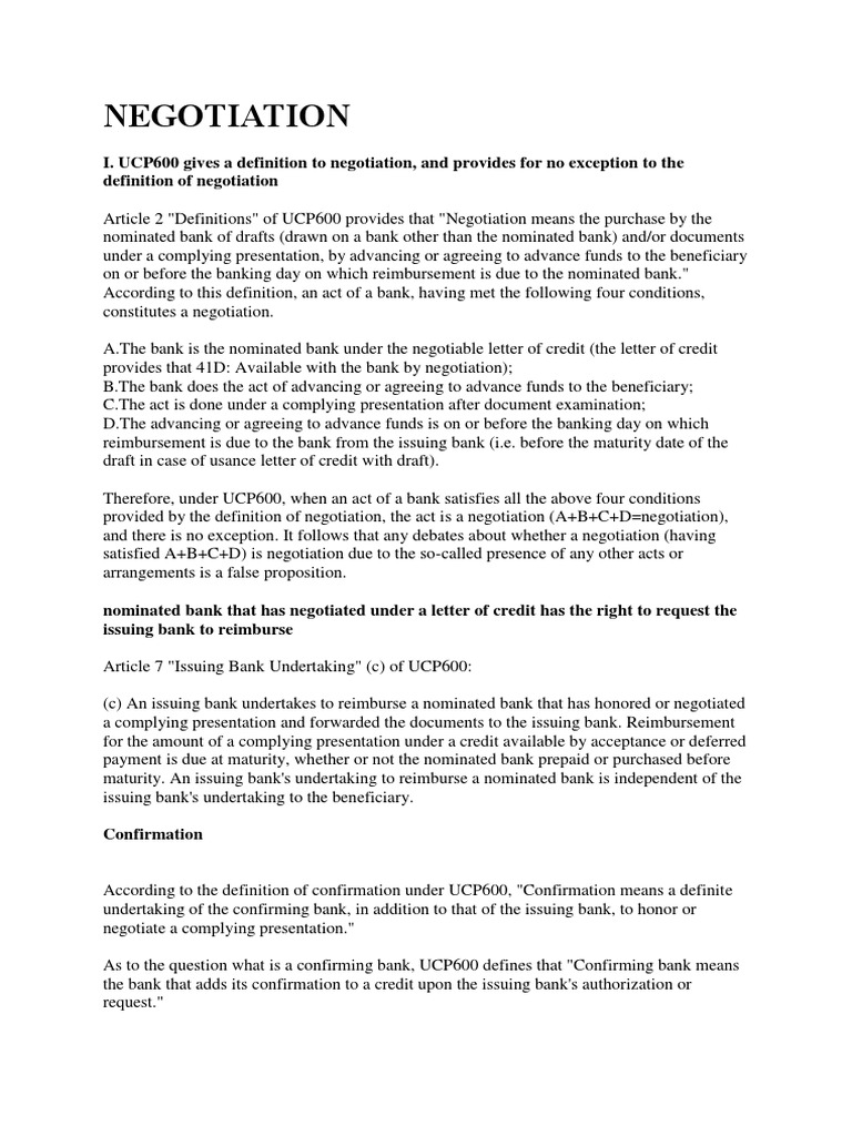 Negotiation: I. UCP600 Gives A Definition To Negotiation, and Provides ...
