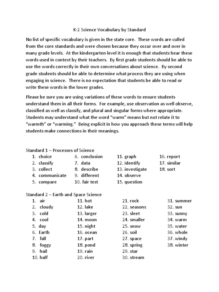 K 2science Vocabulary by Standard | PDF | Vocabulary | Science