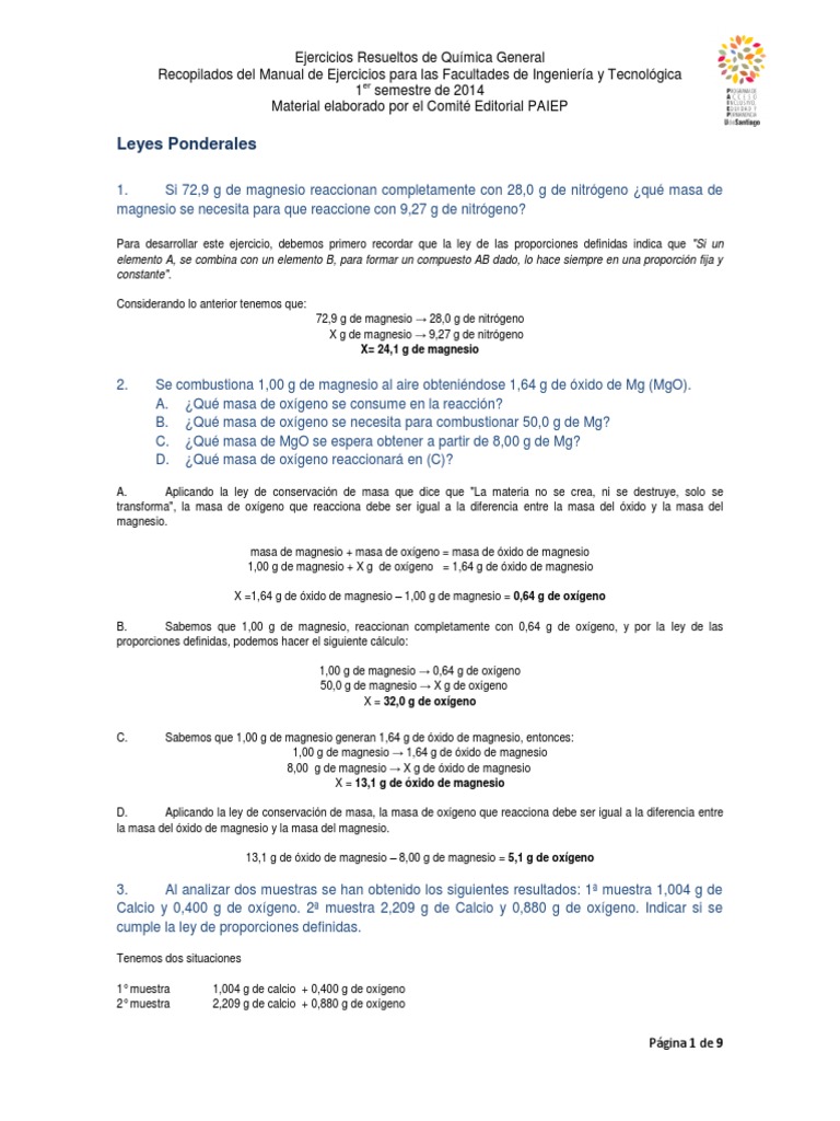 Ejercicios Resueltos Leyes Ponderales | PDF | Magnesio | Compuestos químicos