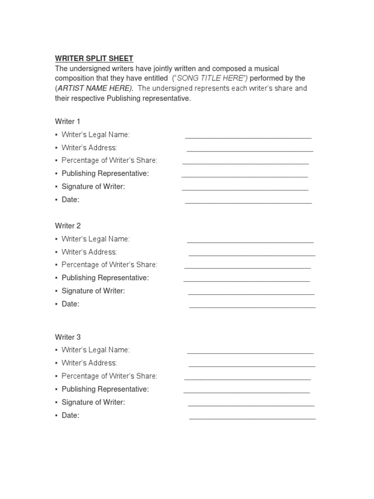 Writer Split Sheet | PDF | Travel | Art