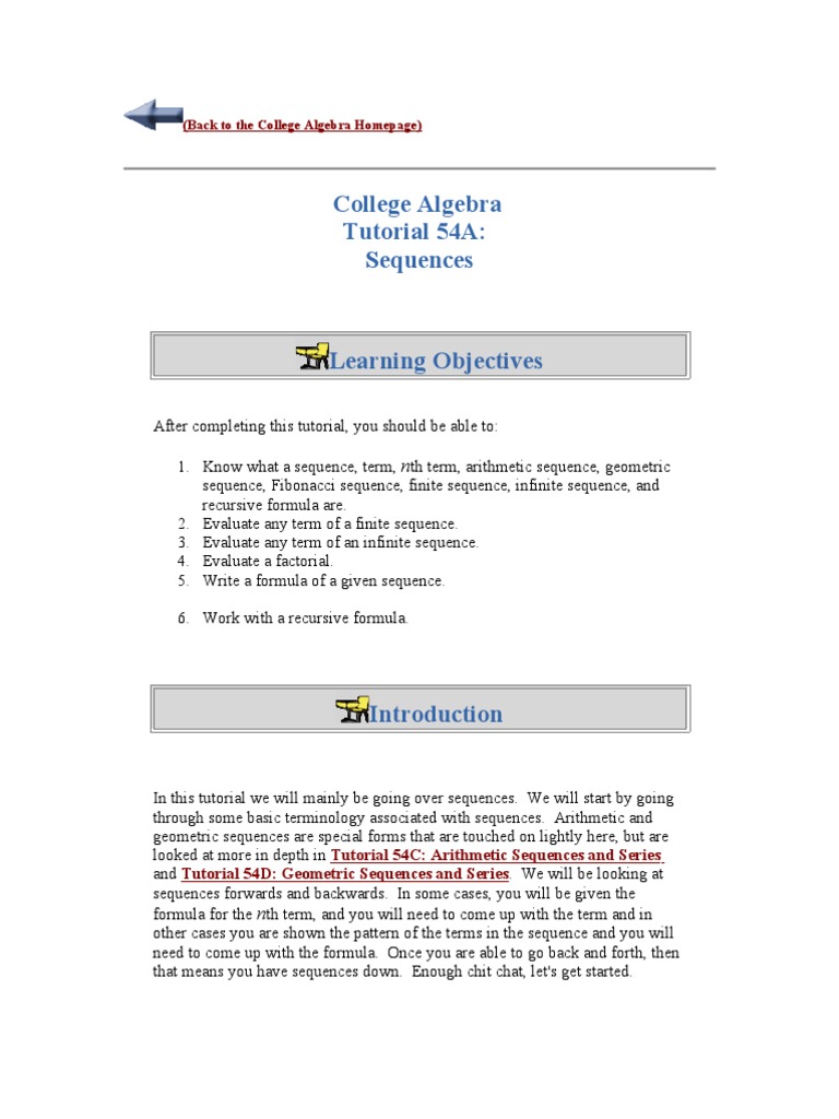 College Algebra Tutorial 54A: Sequences | PDF | Sequence | Arithmetic