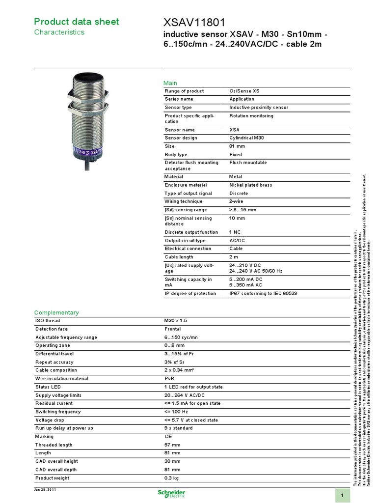 Inductive Sensor XSAV11801 Specs | PDF