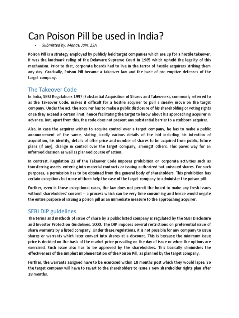 Poison Pill Strategies in India | PDF | Takeover | Stocks