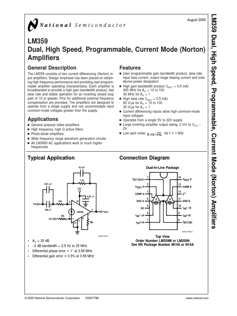 LM359 Dual, High Speed, Programmable, Current Mode (Norton) Amplifiers ...
