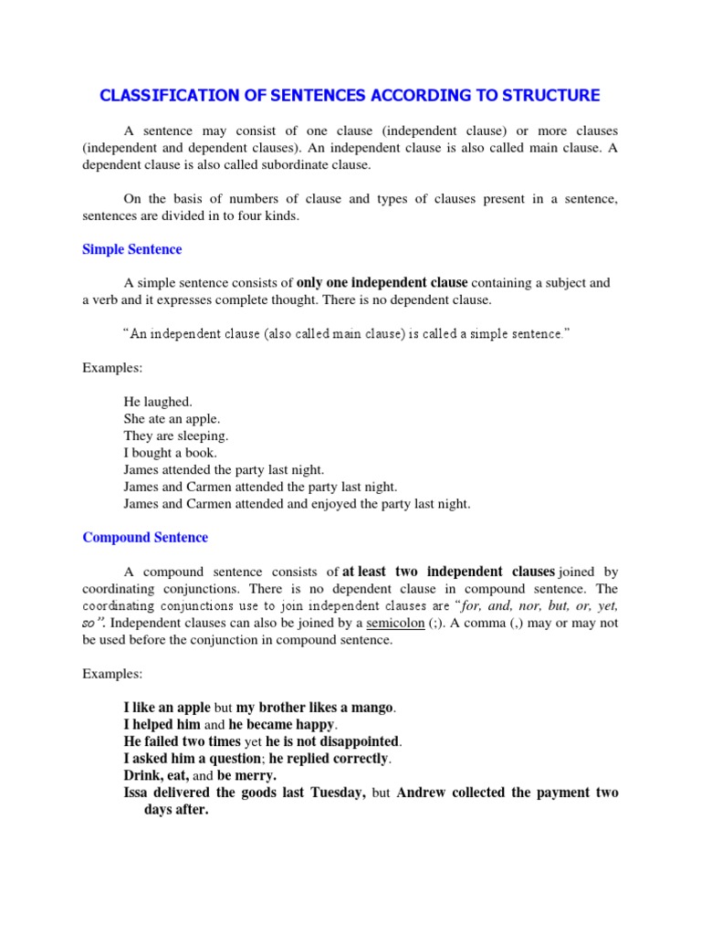 Classification of Sentences According To Structure | PDF | Sentence ...