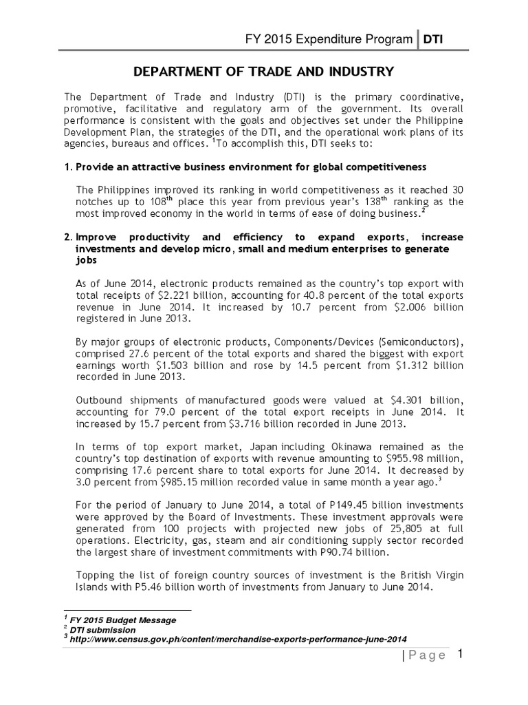 Department of Trade and Industry: FY 2015 Expenditure Program DTI | PDF ...
