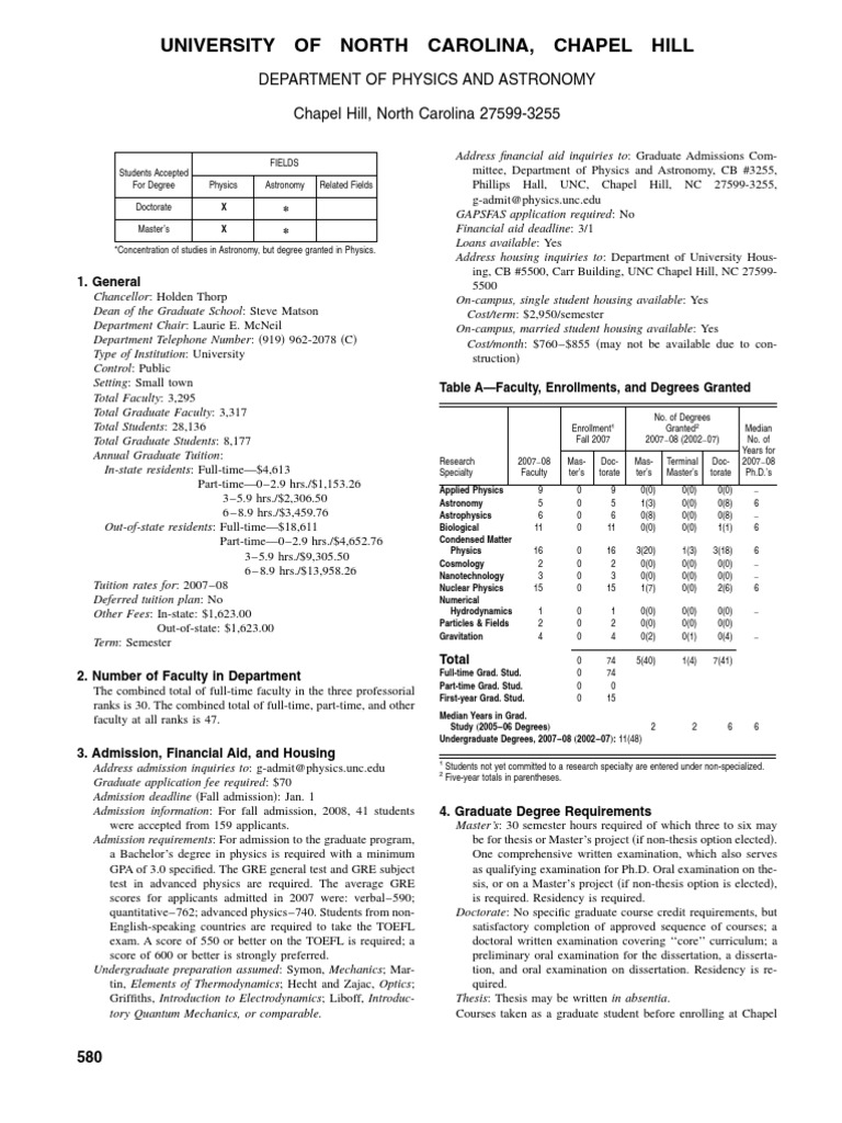 UNC Chapel Hill Physics Graduate Program | PDF | Postgraduate Education ...