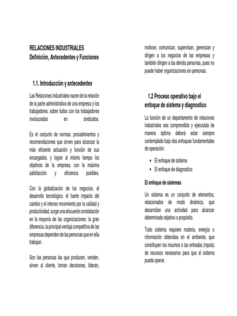 Relaciones Industriales Definición Y Funciones Pdf Sistema