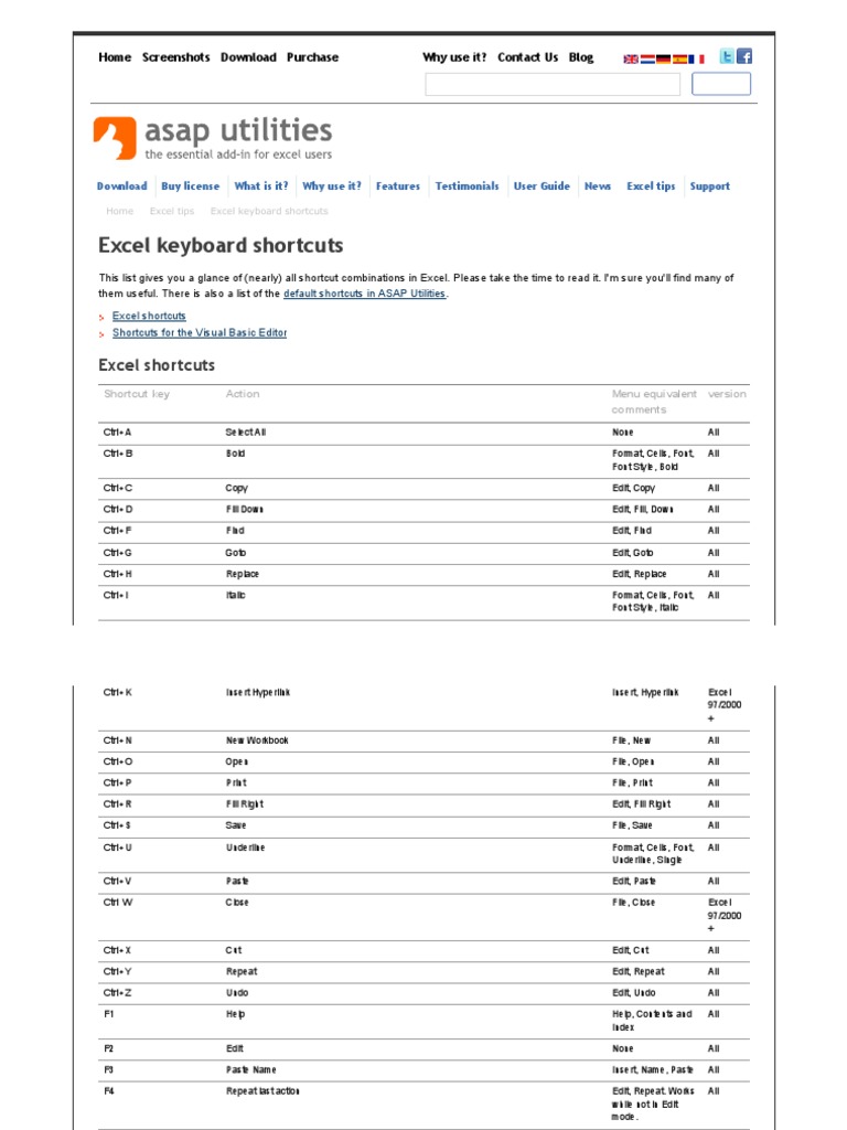 ASAP Utilities For Excel - Excel Shortcuts - A List of Excel's Shortcut Keys - Excel Tips | PDF ...