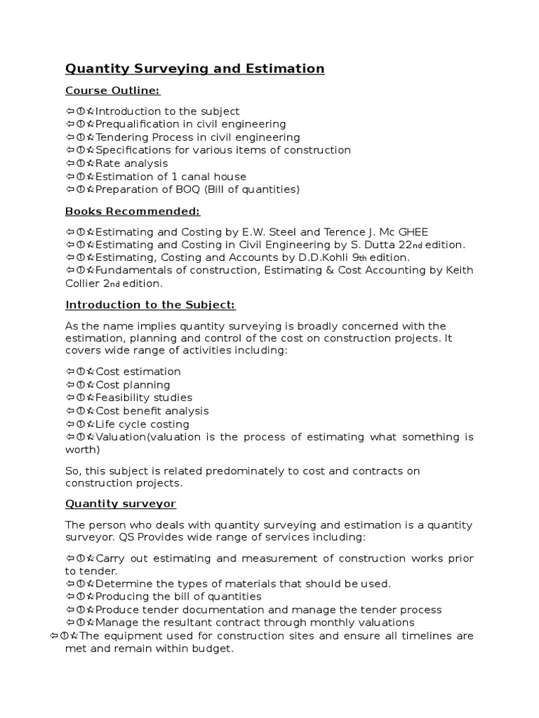 Quantity Surveying and Estimation Course | PDF | Specification ...
