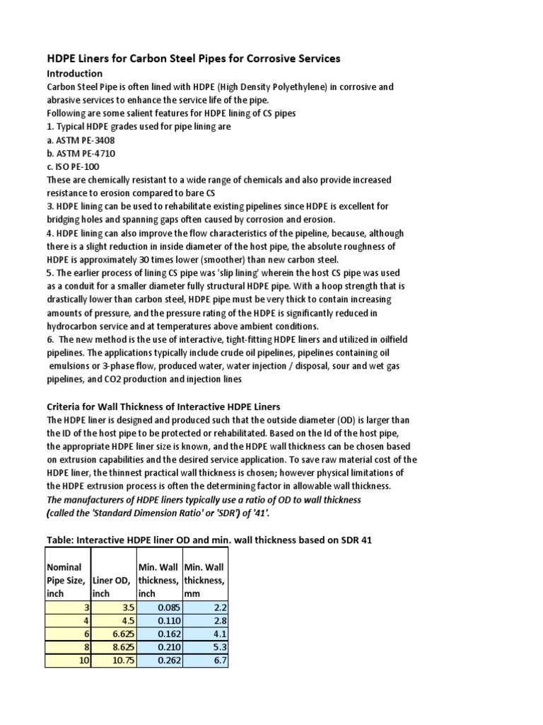 HDPE Liner WT For CS Pipes | PDF | Pipe (Fluid Conveyance) | Pipeline ...