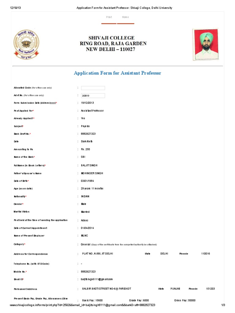 Assistant Professor Application Form | PDF | Postgraduate Education ...