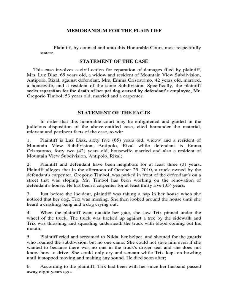 Trial Memorandum on Pet Dog Death Case | PDF | Nuisance | Negligence