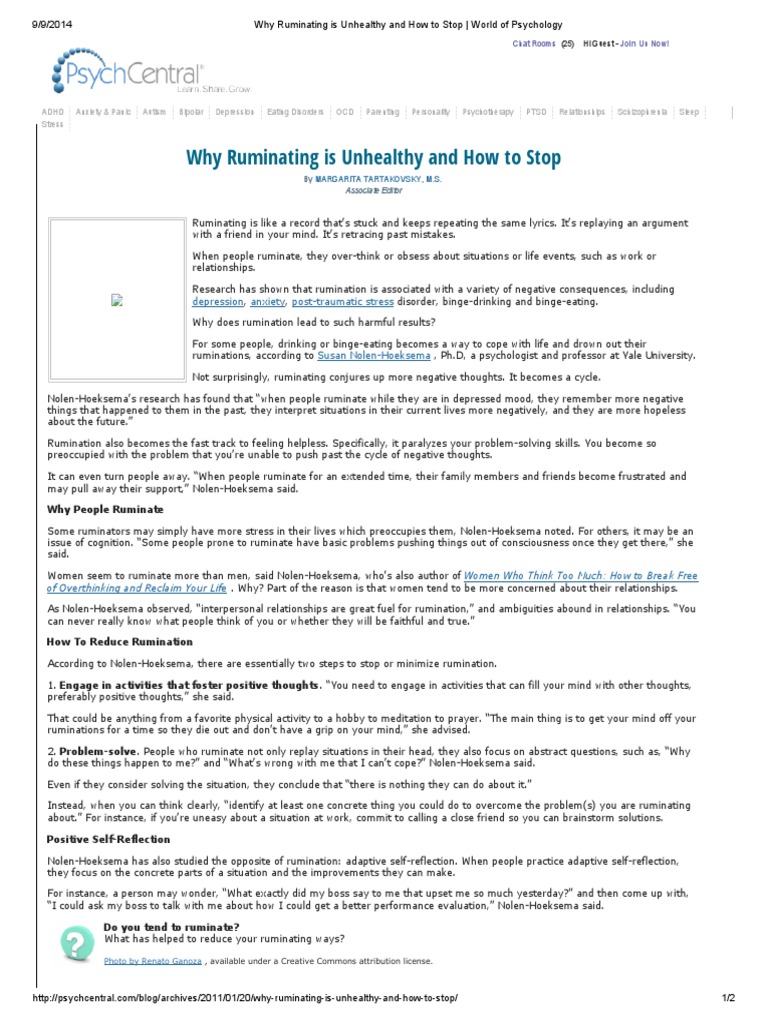 Why Ruminating Is Unhealthy and How To Stop - World of Psychology | PDF ...