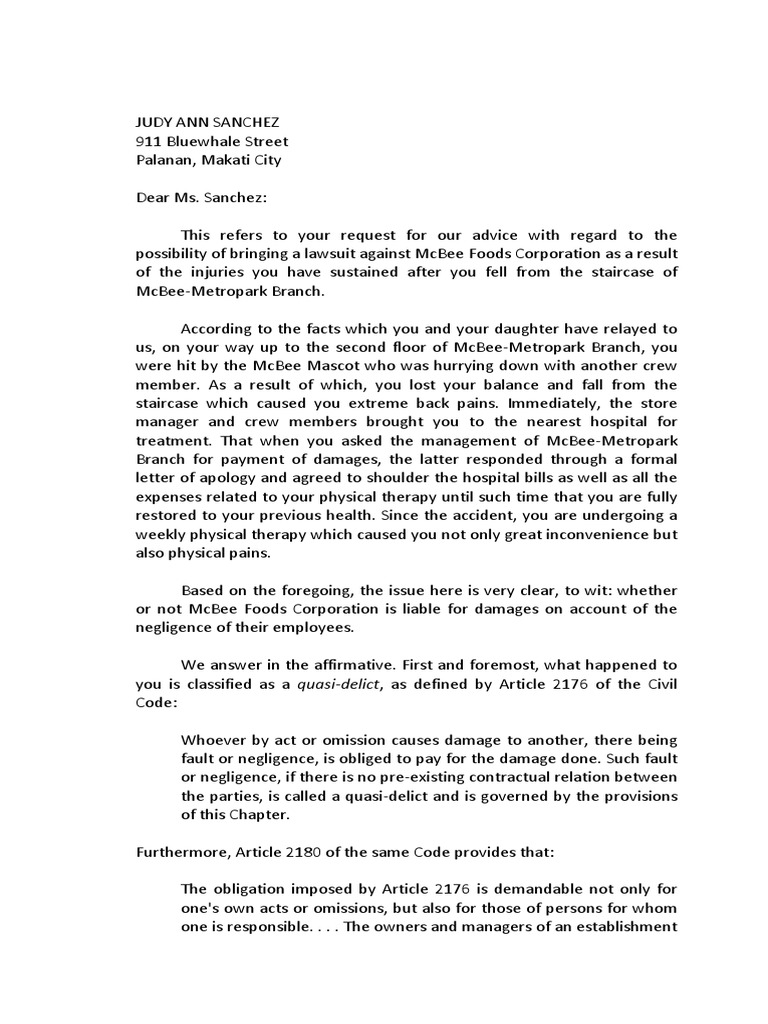 Legal Writing - Part 2 - Legal Opinion | PDF | Negligence | Damages