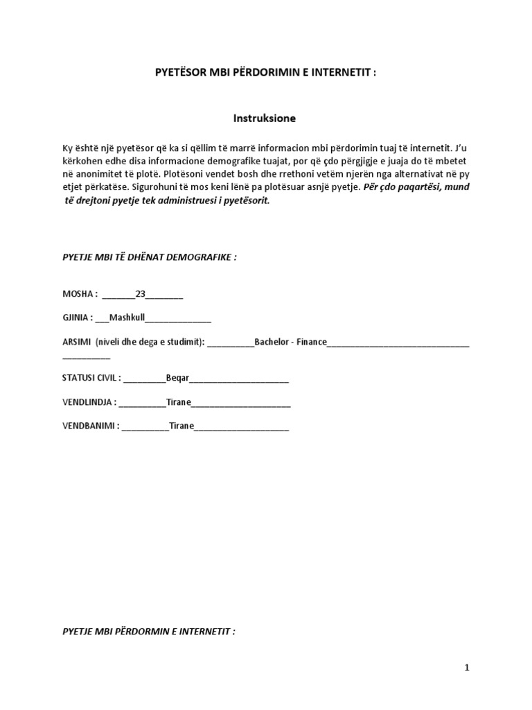 Pyetësor Mbi Përdorimin e Internetit | PDF