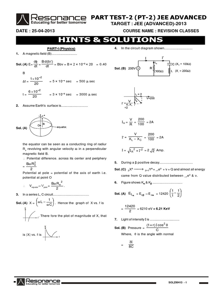 Hints & Solutions: Part Test-2 (Pt-2) Jee Advanced | PDF | Teaching ...