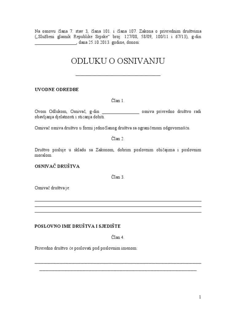Forma Odluke o Osnivanju | PDF