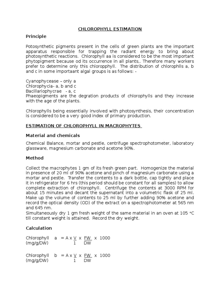 Chlorophyll Estimation Principle | PDF | Chlorophyll | Photosynthesis