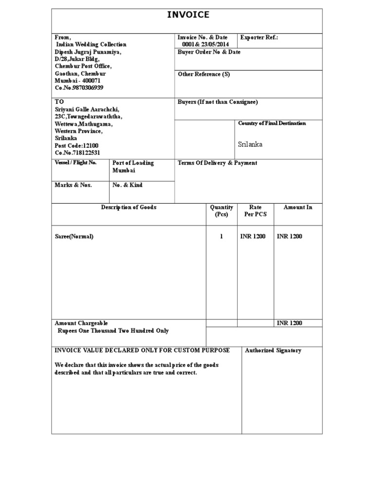 Indian Wedding Saree Invoice | PDF