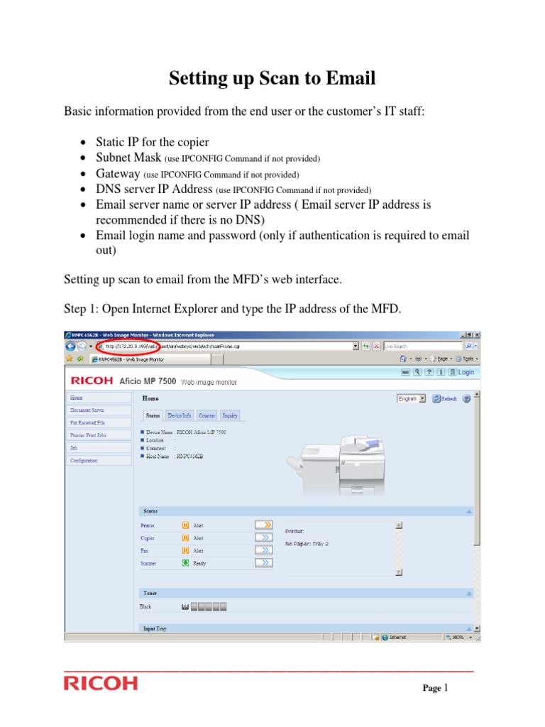 How To Scan To Email On RICOH Mp5500 | PDF | Email | Ip Address