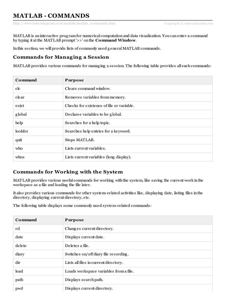 Matlab - Commands: Commands For Manag Ing A Session | PDF Matlab - Commands: Commands For Manag Ing A Session | PDF