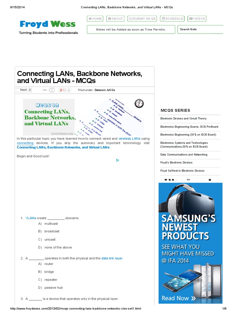 Connecting LANs, Backbone Networks, and Virtual LANs - MCQs | PDF ...