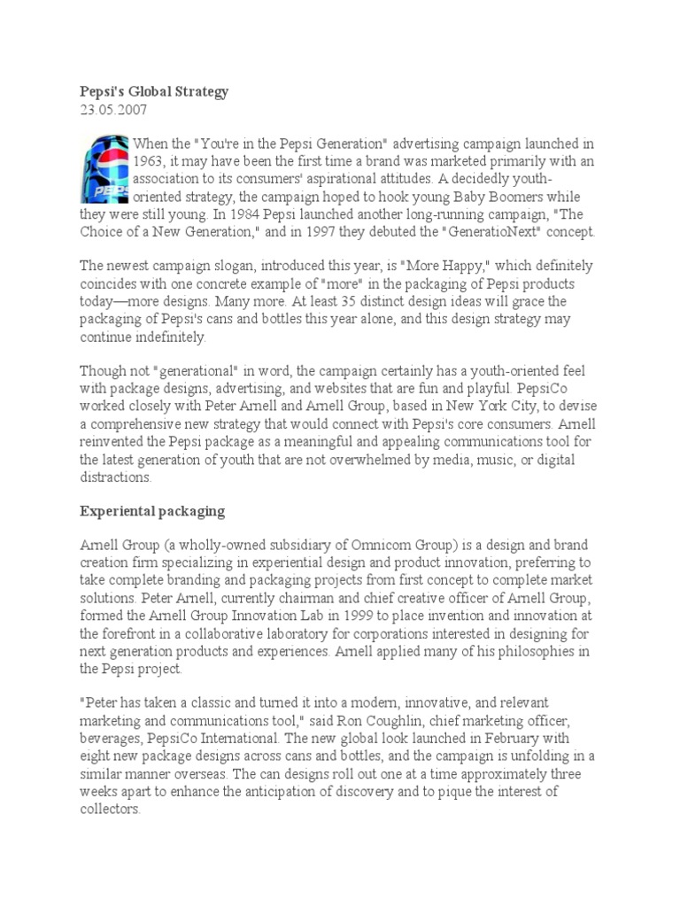 Pepsi's Global Strategy | PDF | Pepsi Co | Food And Drink
