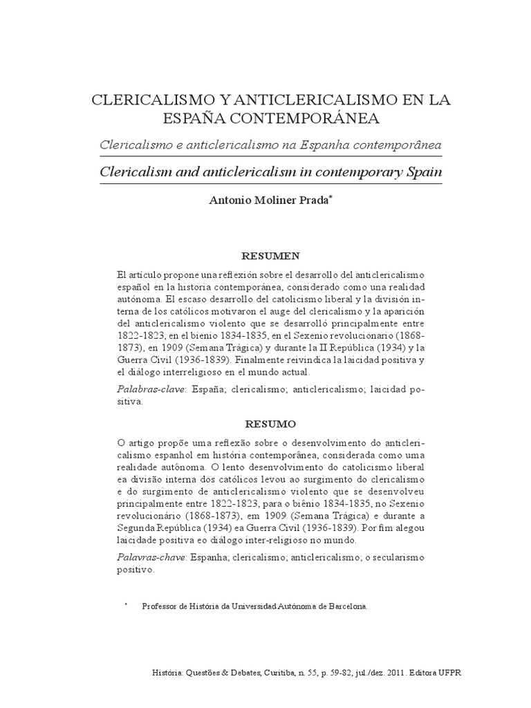 Clericalismo y anticlericalismo en la España contemporánea: conflicto ...