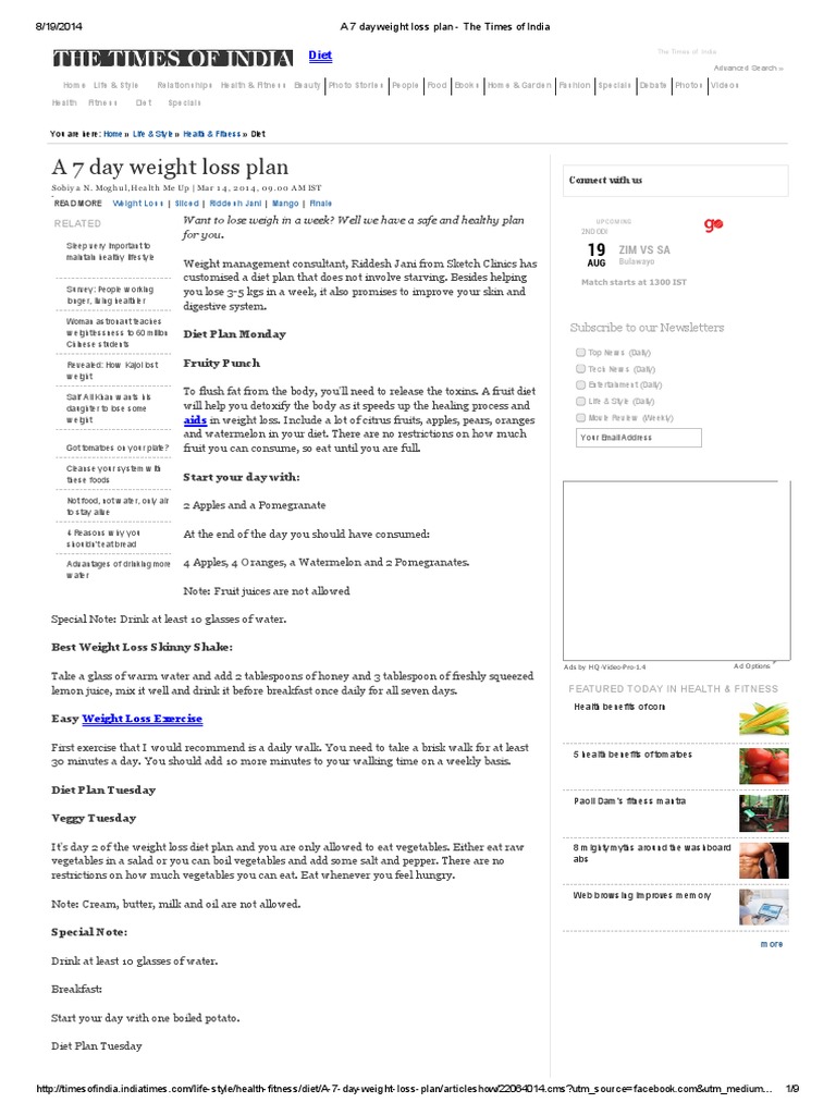 A 7 Day Weight Loss Plan - The Times of India | PDF | Dieting | Drink