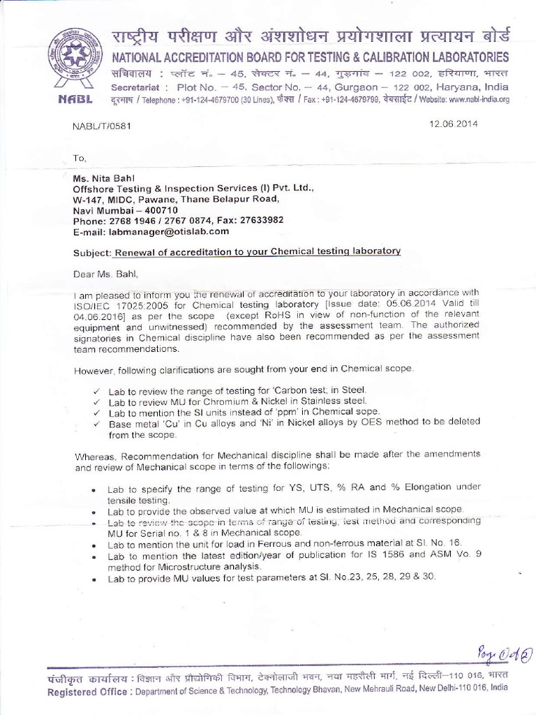 NABL Accreditation Renewal Notice | PDF | Transition Metals | Metals
