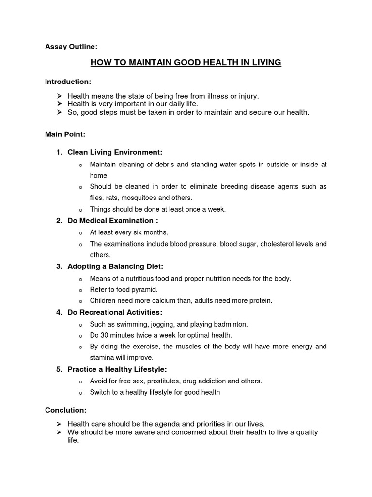 How To Maintain Good Health in Living: Assay Outline | PDF | Self ...