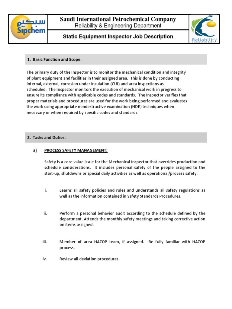 Static Equipment Inspector | Reliability Engineering | Safety