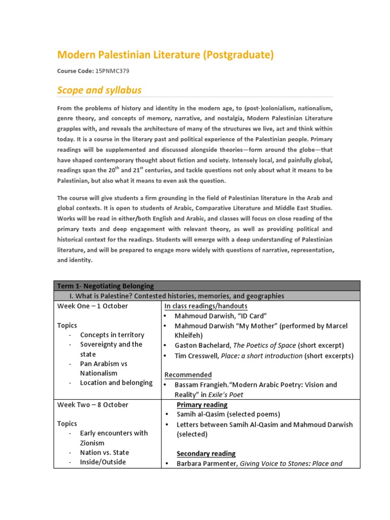 Modern Palestinian Literature Course Syllabus | PDF | Palestinians ...