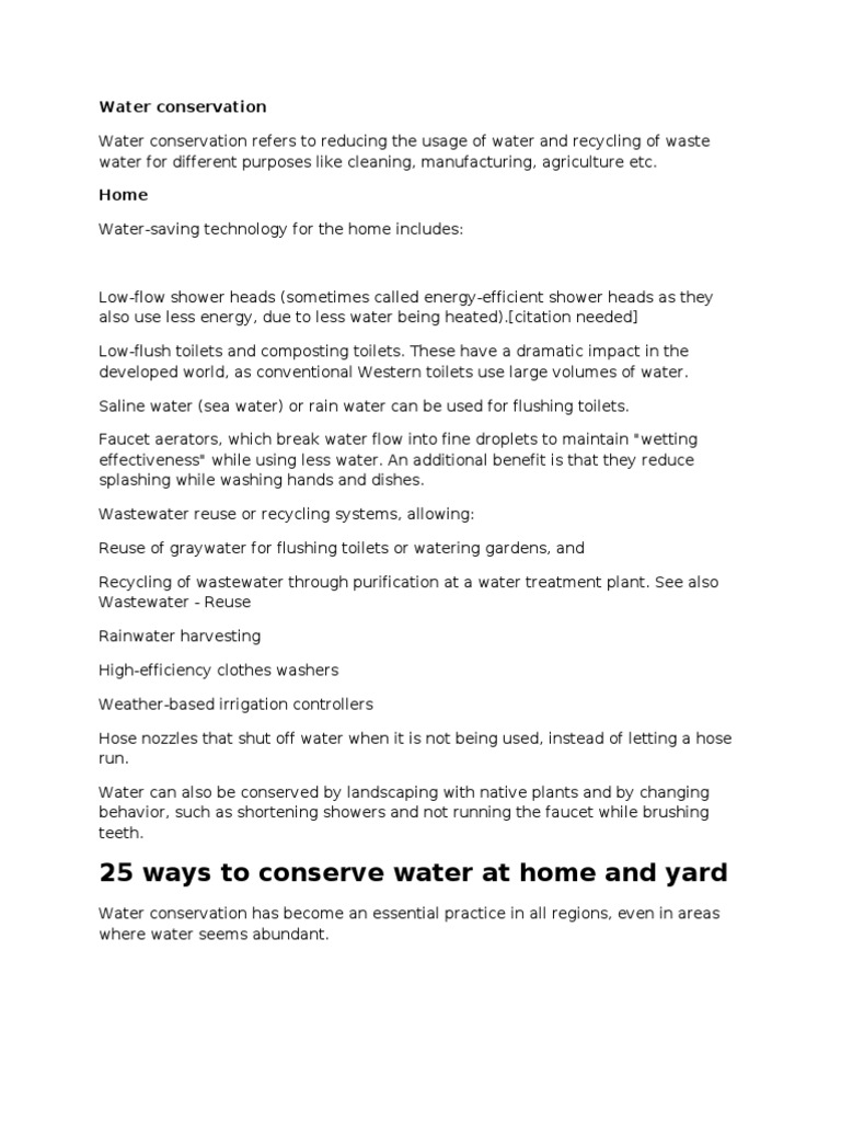 25 Ways To Conserve Water at Home and Yard | PDF | Water Conservation ...