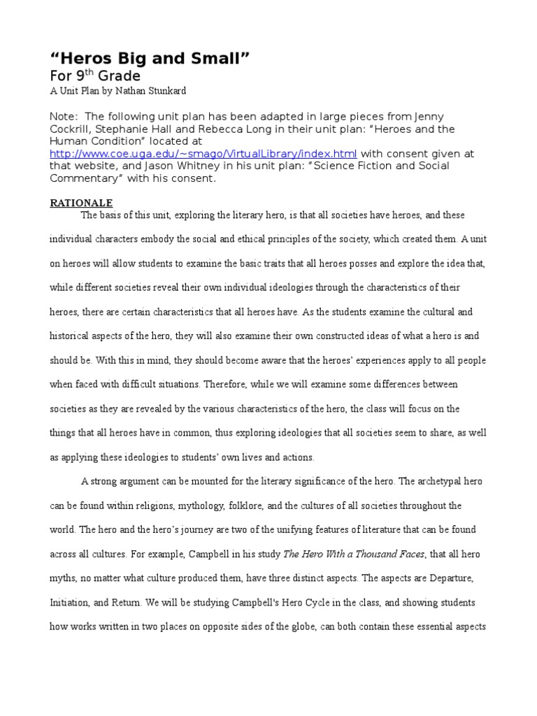 9th Grade Hero Archetypes Unit Plan | PDF | Hero | Rubric (Academic)